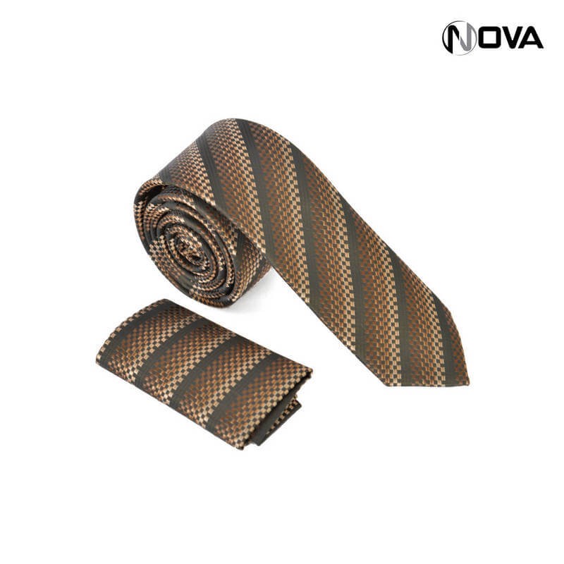 Ensemble cravate homme et mouchoir avec rayures marron pour homme mode