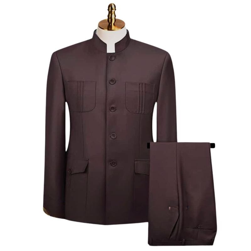 Costume Mao Marron Foncé Homme - Style Raffiné à Dakar Sénégal